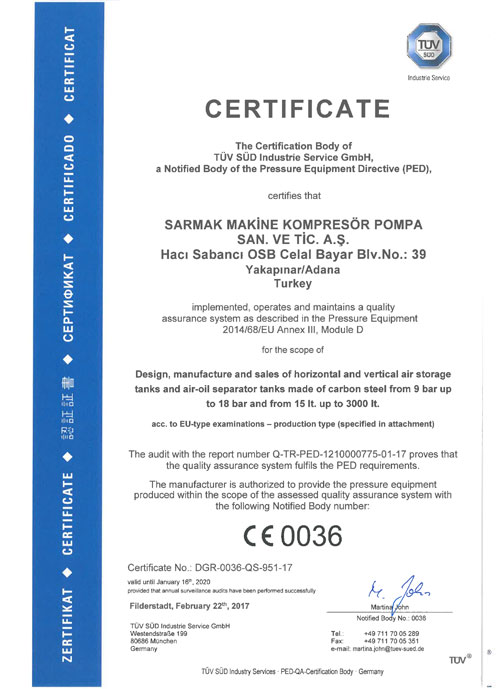 Certificates – COOLAIR Compressors